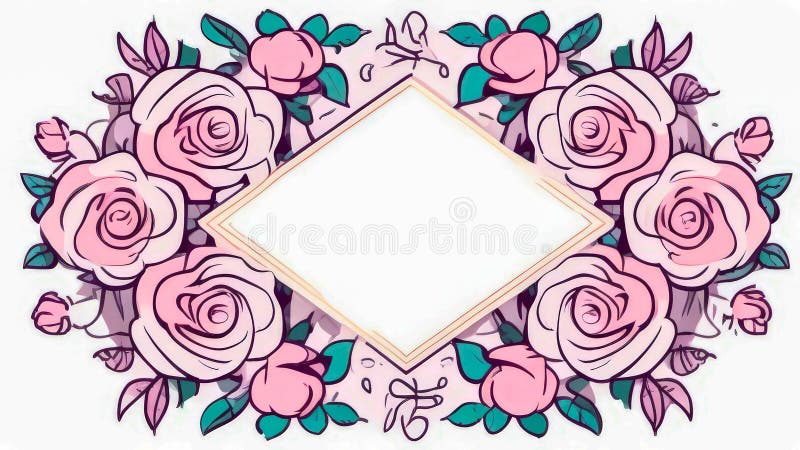 Frame with Pink Roses Painted at the Edges, on White Background ...