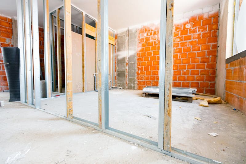 Frame for Plasterboard Wall, Mounted Vertical Metal and Wooden Profiles ...