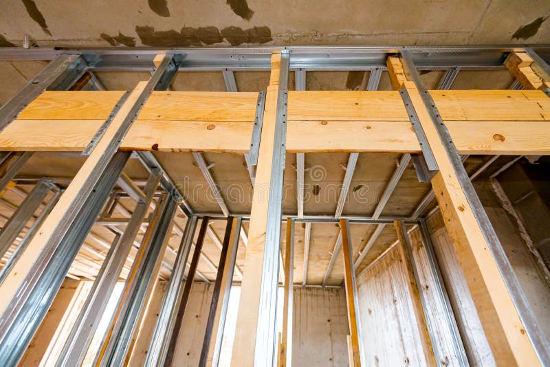 Frame for Plasterboard Wall, Mounted Vertical Metal and Wooden Profiles ...