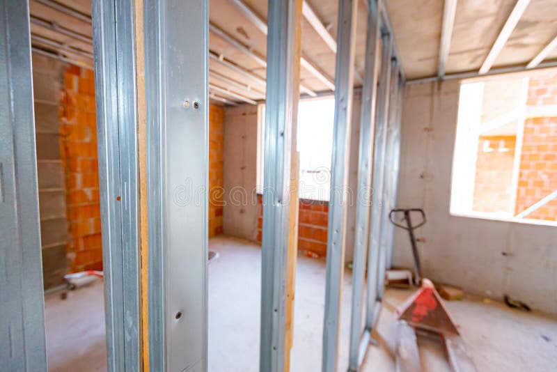 Frame for Plasterboard Wall, Mounted Vertical Metal and Wooden Profiles ...