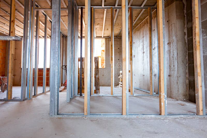 Frame for Plasterboard Wall, Mounted Vertical Metal and Wooden Profiles ...