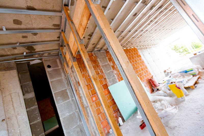 Frame for Plasterboard Wall, Mounted Vertical Metal and Wooden Profiles ...