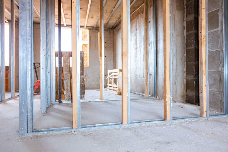 Frame for Plasterboard Wall, Mounted Vertical Metal and Wooden Profiles ...