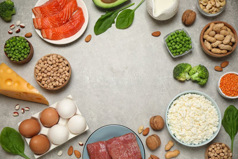 Frame of Products Rich in Protein on Table, Flat Lay Stock Photo ...
