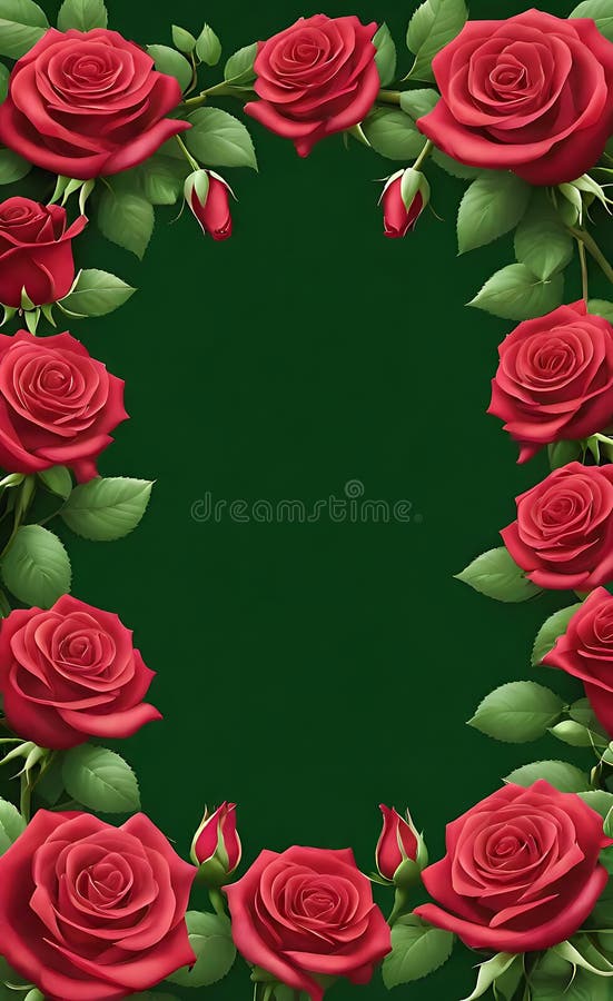 A Frame of Red Roses on a Green Background D Stock Image - Image of ...