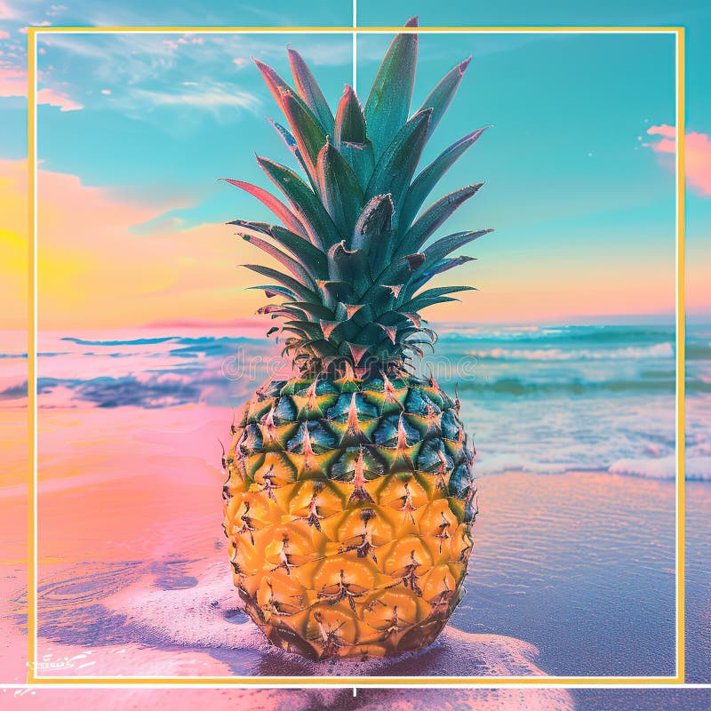 Frame Refreshing Pineapple Slice and Beach Sunset Background for ...