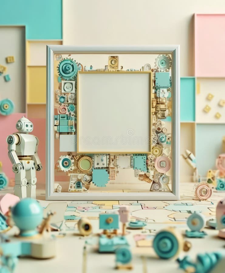 Frame with Robot and Bunch Colorful Paper Stock Illustration ...