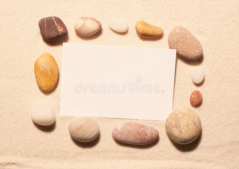 Frame of Sea Stones with White Visit Card on Sand Stock Image - Image ...