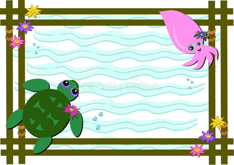 Frame of Sea Turtle and Baby Squid Stock Vector - Illustration of clip ...