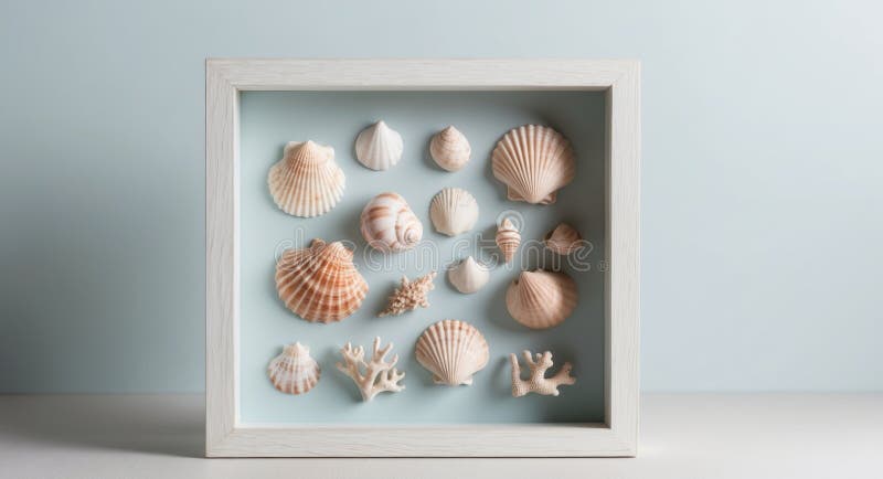 A Frame of Seashells and Coral on a Light Blue Background. Stock Photo ...