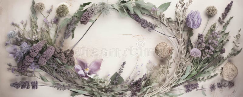 A Frame of Soft Petals Encircling a Rustic Collage of Herbs and Leaves ...