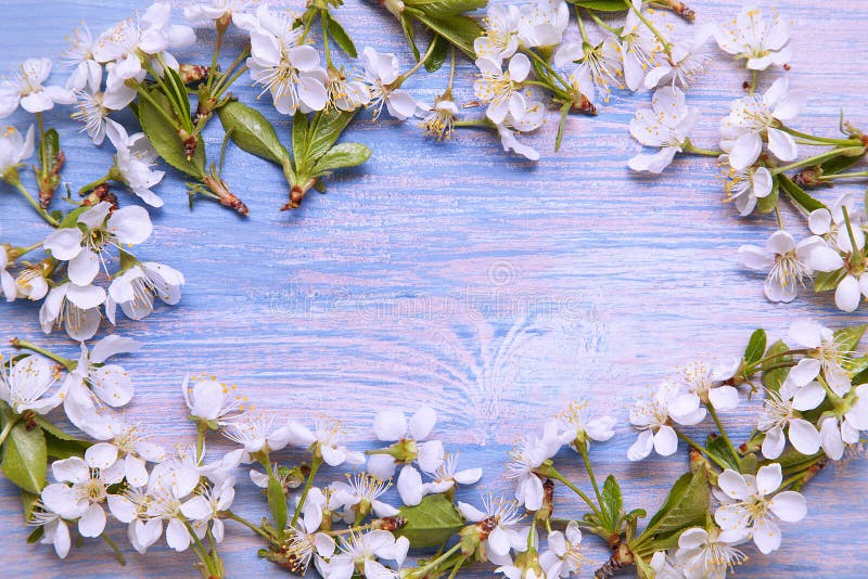Frame of Spring Flowers on the Background of Old Vintage Blue Bo Stock ...
