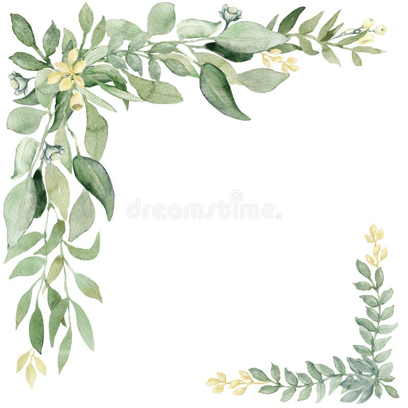 Frame with Spring Greenery, Watercolor Illustration with Leaves on ...
