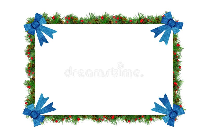 Frame of Spruce Branches with Blue Bows in the Corners of the Frame ...