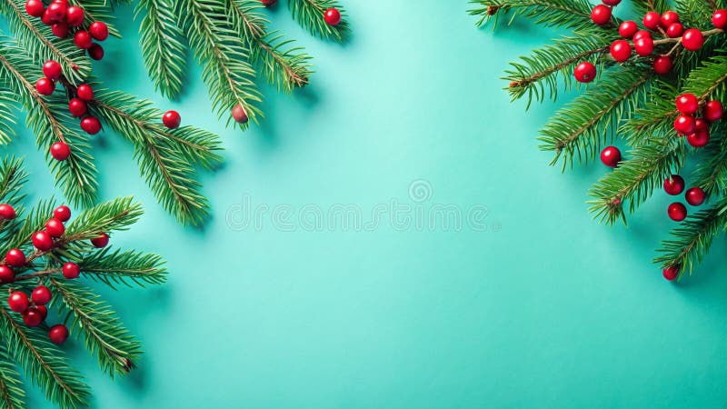 Frame of Spruce Branches and Red Berries on a Pastel Blue and Green ...