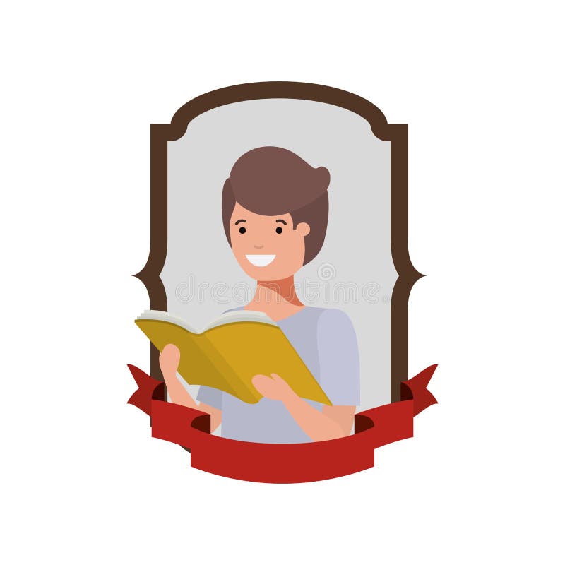 Frame with Student Boy and Reading Book Stock Vector - Illustration of ...