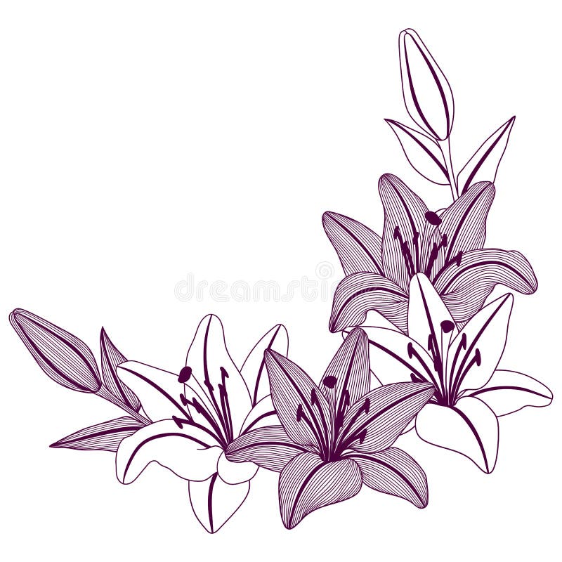 Frame with Stylized Lily Flowers. Decorative Image of Beautiful Buds ...