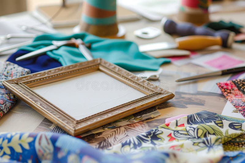 Frame on a Textile Artists Table, with Fabric Swatches and Sewing Tools ...
