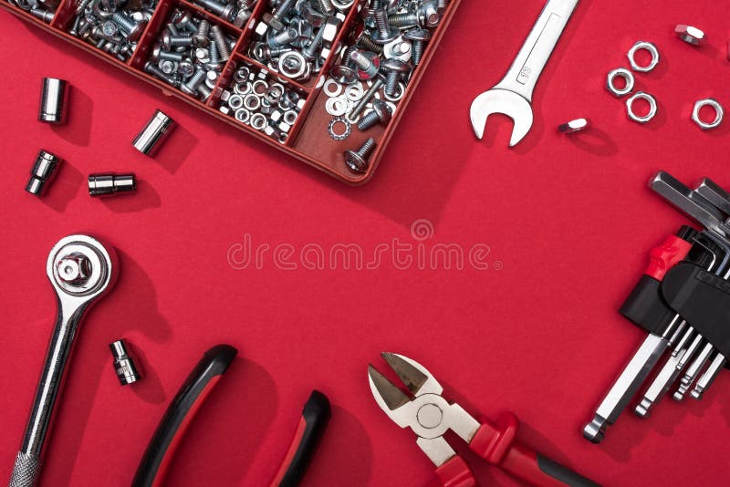 Frame of Tool Set with Wrenches and Hex Keys on Red Background Stock ...