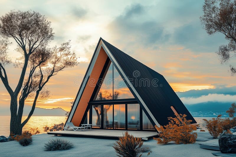 Frame Triangular House on the Lake in Winter Ai Photo Stock ...