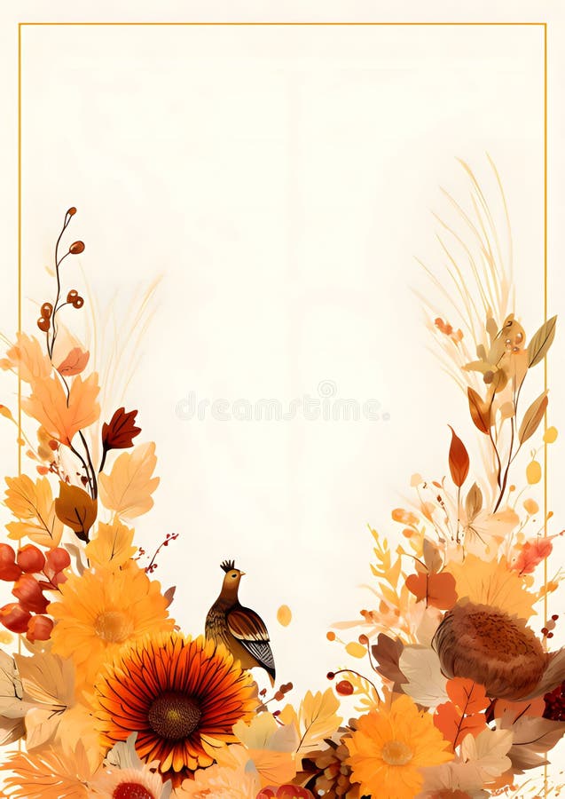 Frame with Turkey, Leaves and Flowers on a Light Background Stock ...