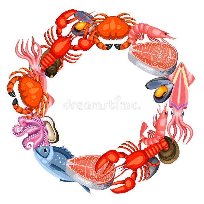 Frame with Various Seafood. Illustration of Fish, Shellfish and ...