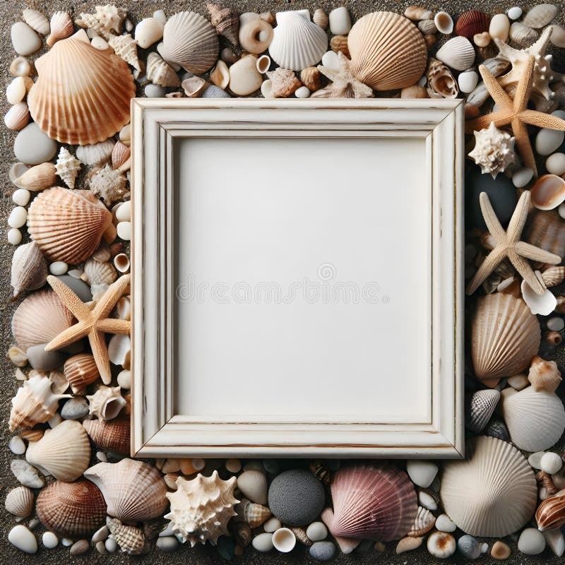 Seashells and Sand Frame on a White Background Stock Photo - Image of ...