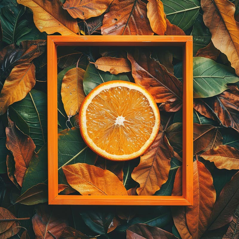 Frame with Vibrant Orange Slice on Autumn Leaves Background for ...