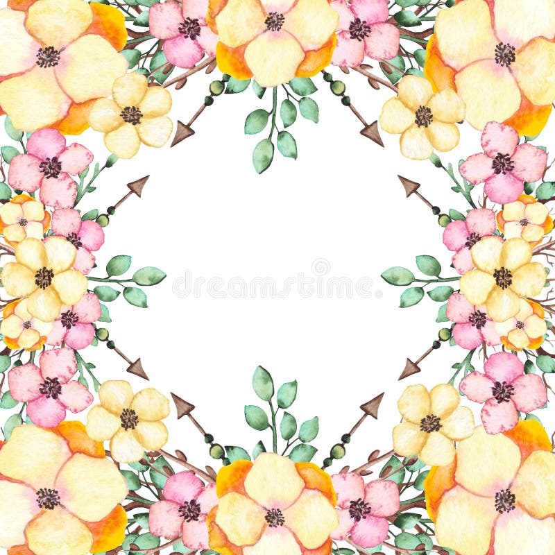 Frame with Watercolor Pink and Yellow Flowers Stock Illustration ...