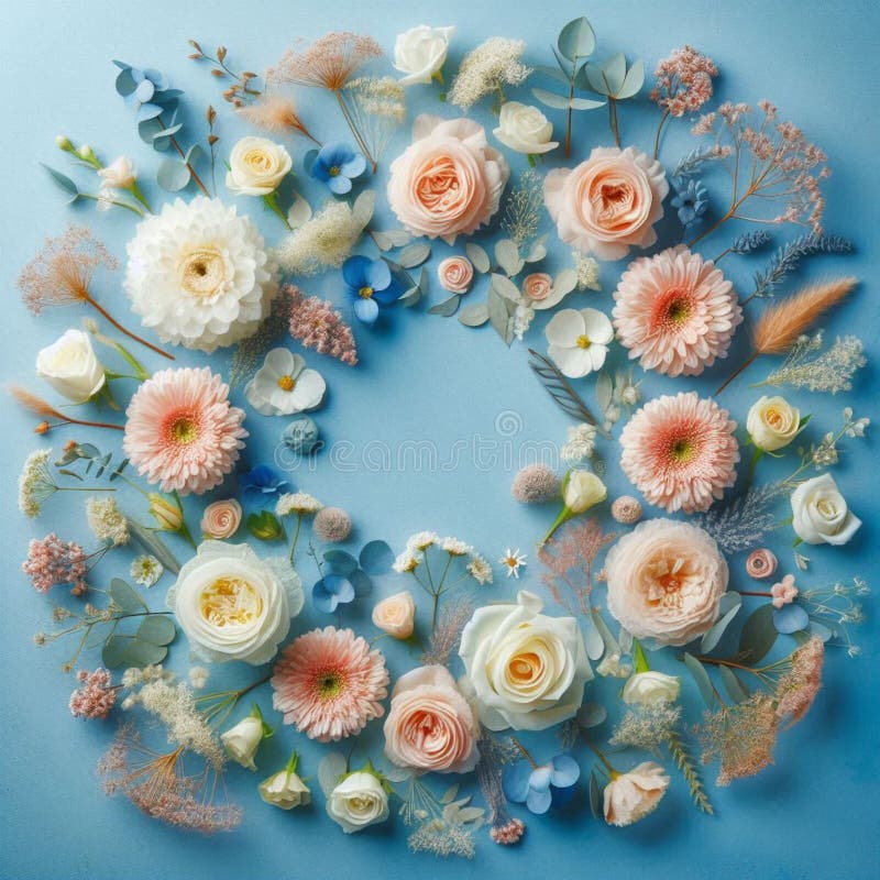 A Frame of Wedding Flowers Viewed from Above on a Blue Background. the ...