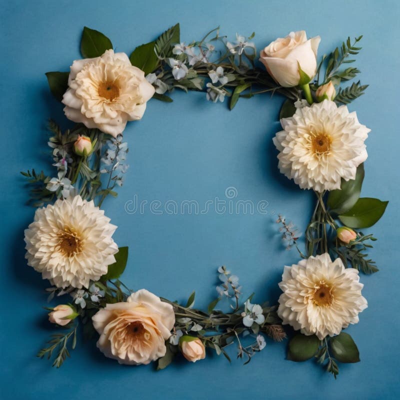 A Frame of Wedding Flowers Viewed from Above on a Blue Background. the ...