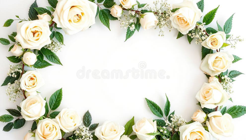 Frame of White Roses with Greenery on a White Background. Greeting Card ...