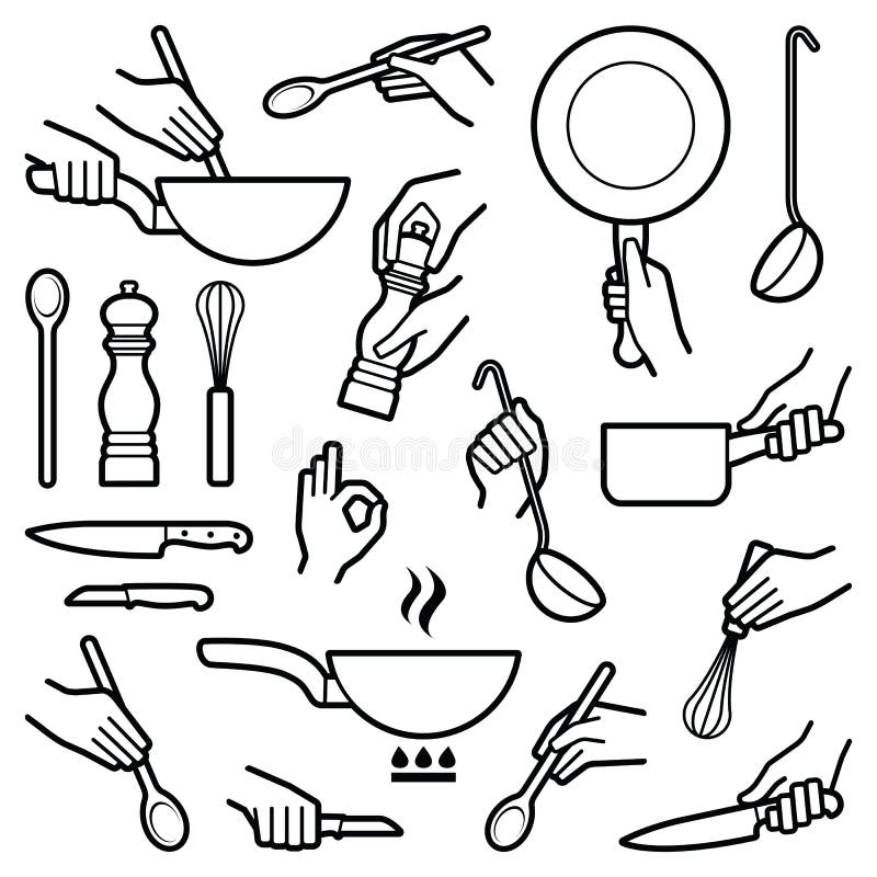 Cooking and Kitchen Tool with Hand Icon Collection - Vector Outline ...