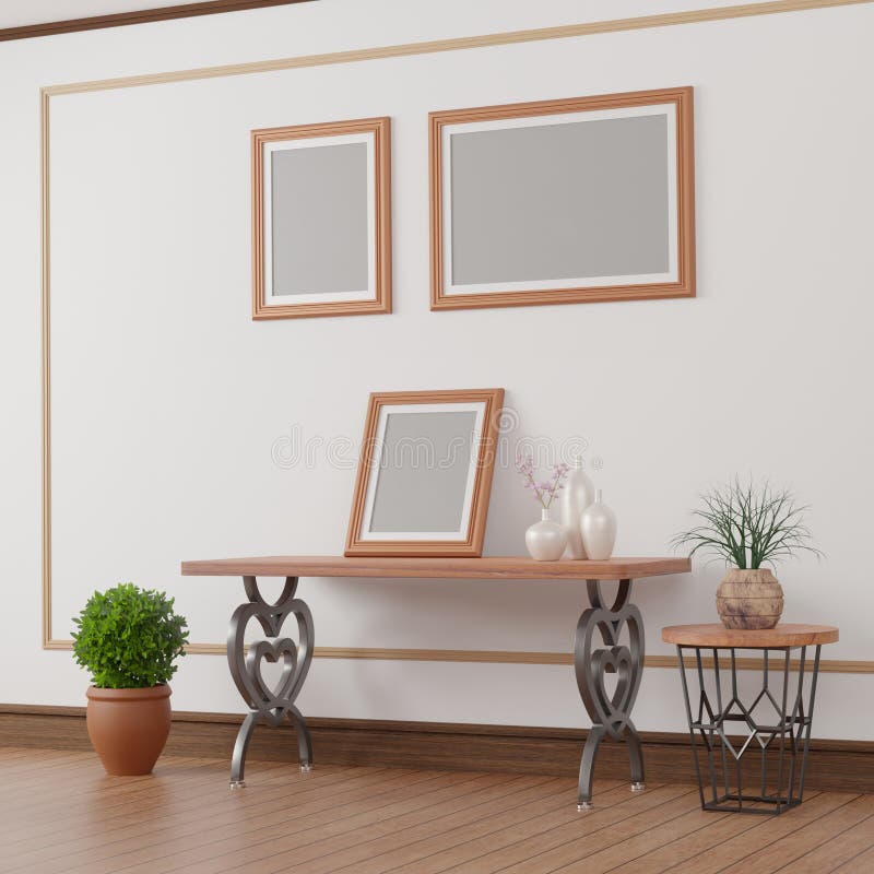 Triple Dark Orange Frames Mockup - Wall and on Table Stock Illustration ...