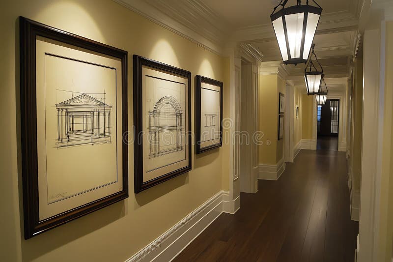 Framed Architectural Drawings in a Hallway Stock Illustration ...
