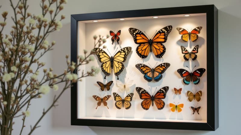 Framed Butterfly Display with Illuminated Wings and Varied Species ...