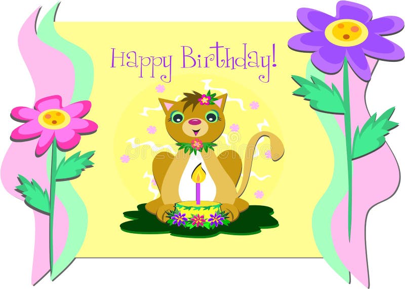 Framed Happy Birthday Greeting with Cat and Flower Stock Vector ...