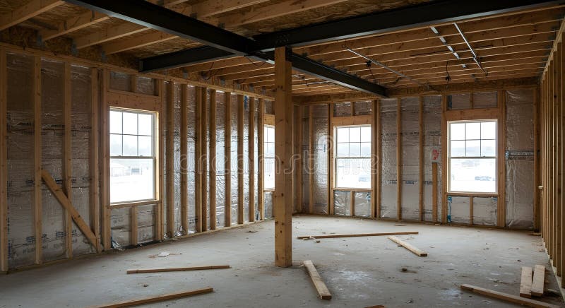 Framed Interior Shows Construction Progress on Residential Building ...