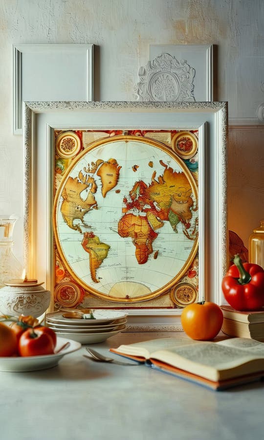 Framed Map with Candle and Plate Tomatoes Stock Illustration ...