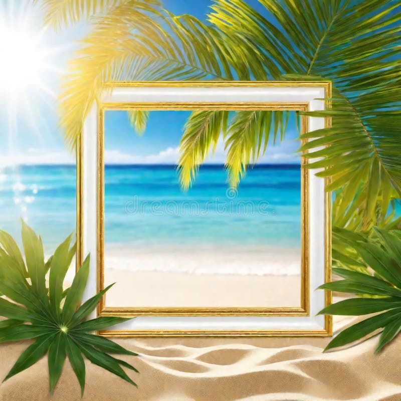A Framed Picture Beach with Palm Trees and a Blue Ocean Stock Image ...