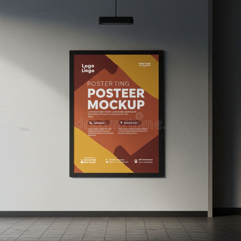Framed Poster Mockup on a Plain Wall, Illuminated by Overhead Lighting ...