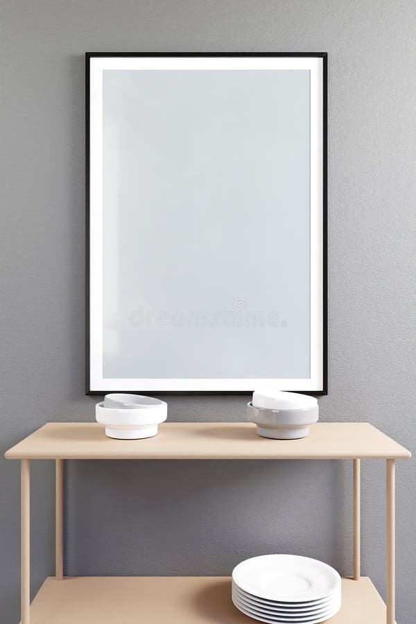 Framed Poster on the Wall Mockup with Display Shelf and Dishes Stock ...