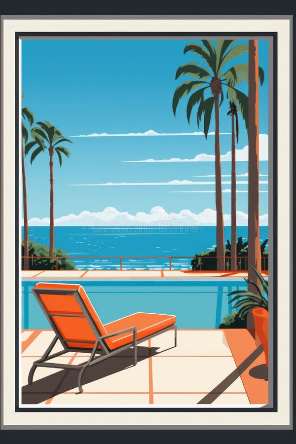 A Framed Print of a Beach Scene with a Lounge Chair and Palm Trees ...