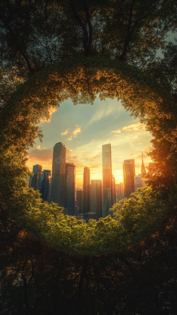 Framed Skyline with Sunset through Trees, Cityscape Serenity Concept Stock Photo - Image of ...