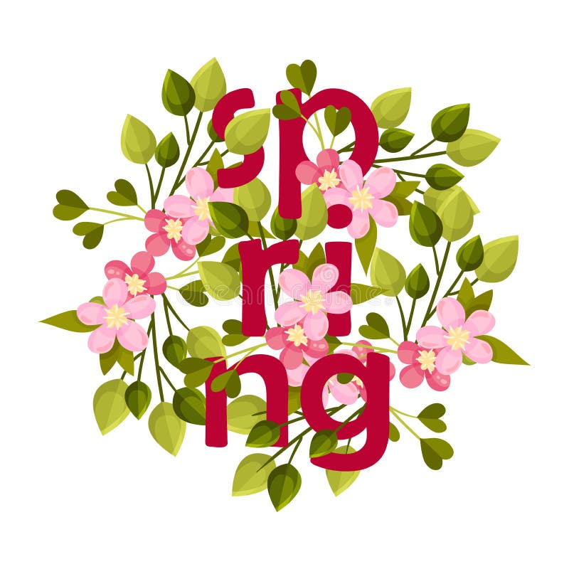 Framed Spring Botanical Composition with Green Twigs and Flowers Vector ...