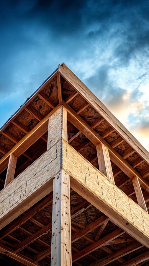 Framed Structure of Wooden Building Under Construction, Upward View ...