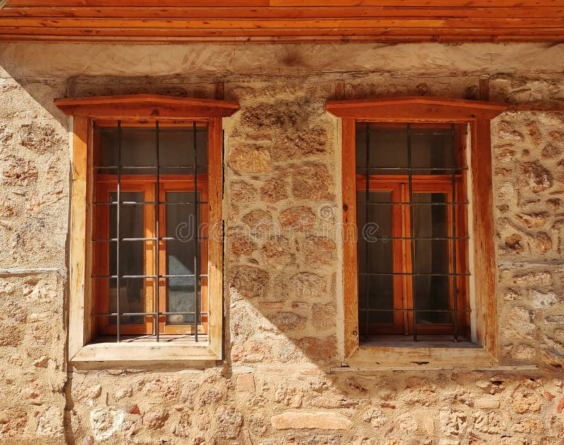 Framed Windows on the Stone Facade of an Old House Stock Photo - Image ...