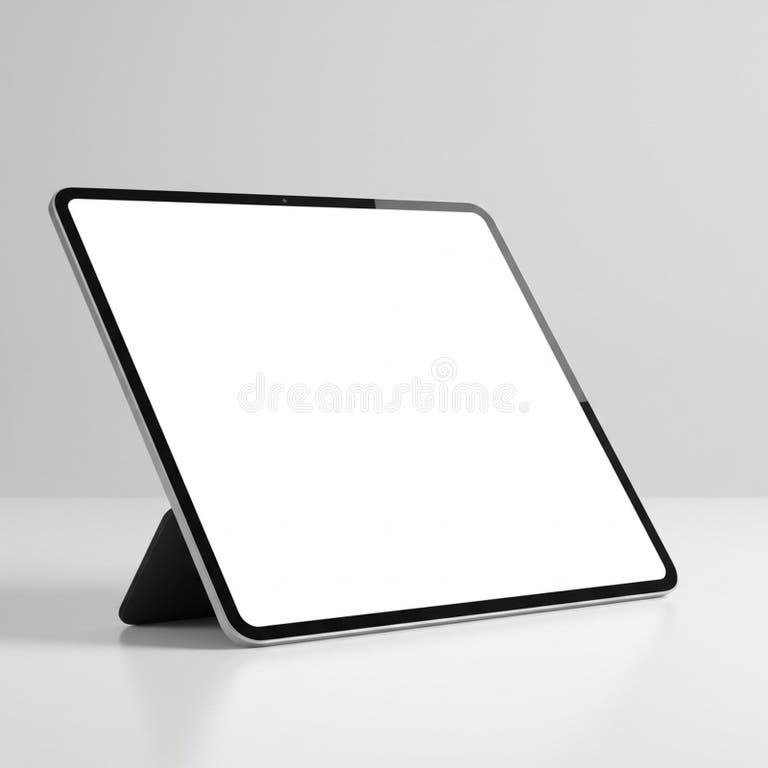 A Frameless Tablet with a Blank White Screen is Positioned on a Stand ...