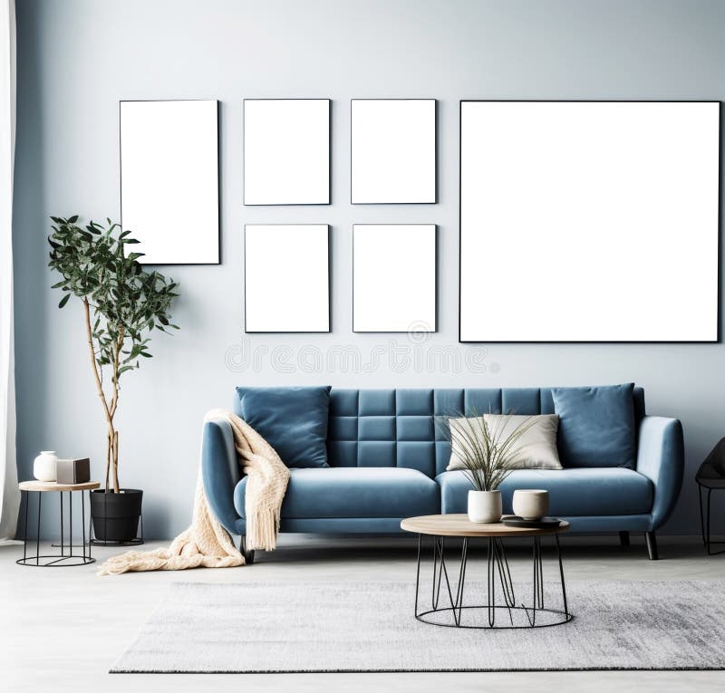 Frames Mockup, Blue Couch and Frames Mockup, Living Room Photo Mockup ...