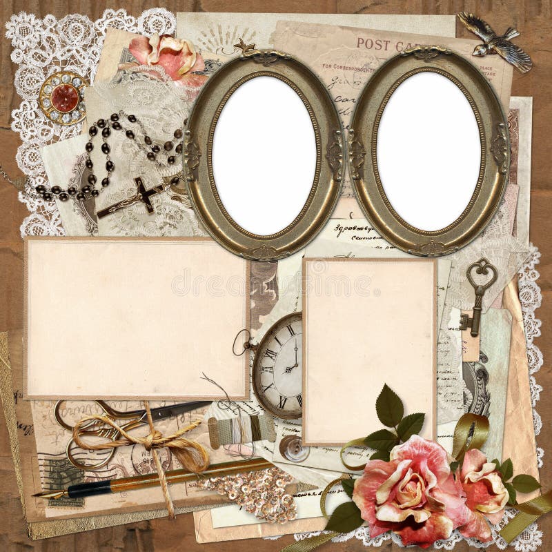 Border with Old Documents and Photos on Vintage Background Stock ...